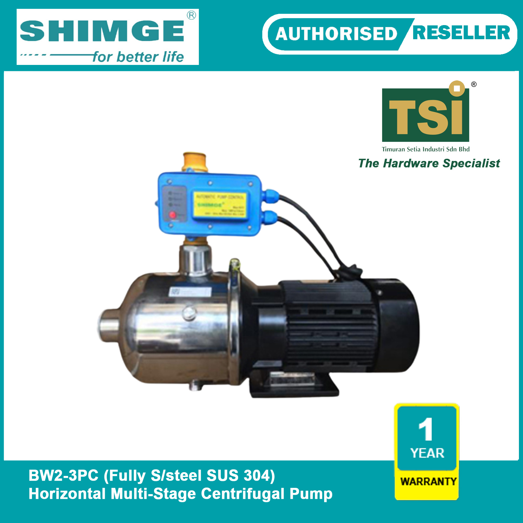 SHIMGE Horizontal Multi-Stage Centrifugal Pump (Fully S/Steel Sus 304) BWJ2-3PC